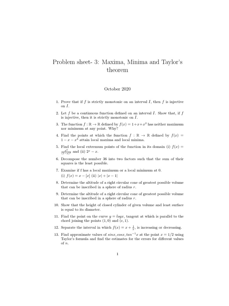 Mat1011 - Problemsheet - 3-Maxima Minima and Taylors Theorem | PDF | Maxima And Minima ...