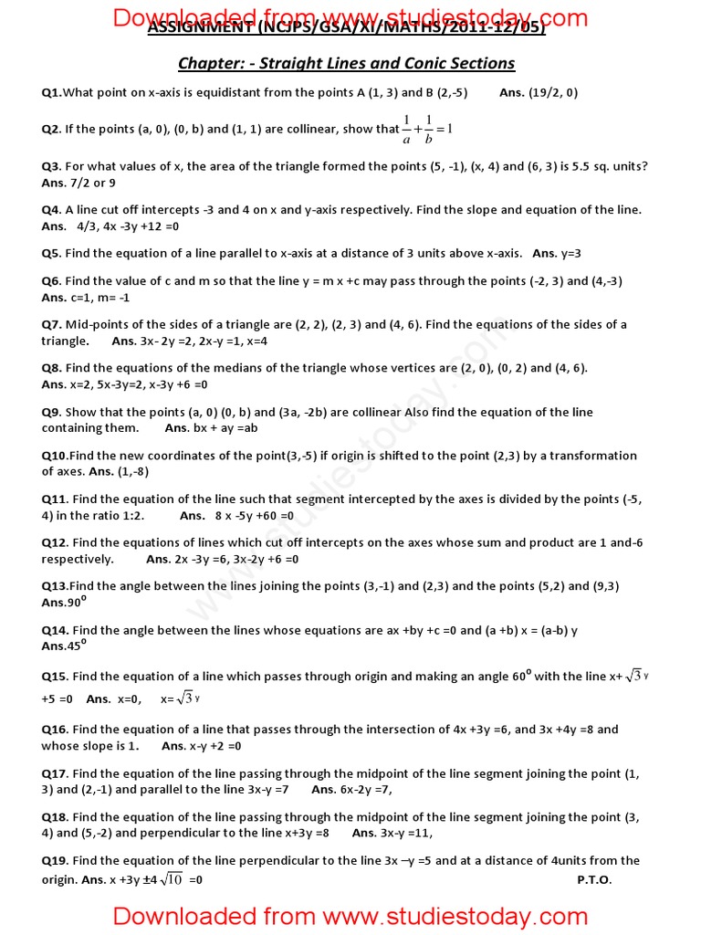 CBSE Class XI Straight Lines Assignment 3 | PDF | Perpendicular | Ellipse