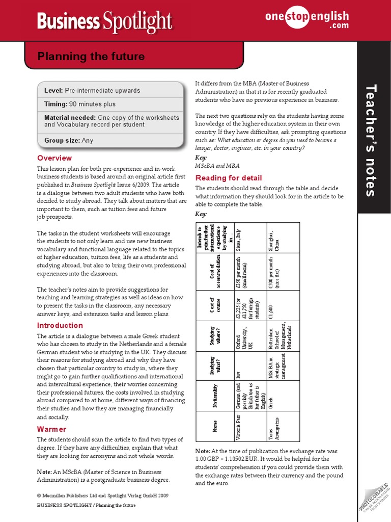 Planning The Future Pdf Pdf International Student Lesson Plan