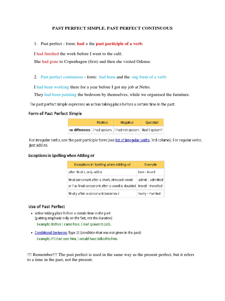 Past Perfect Simple and Past Perfect Continuous | PDF | Grammar ...