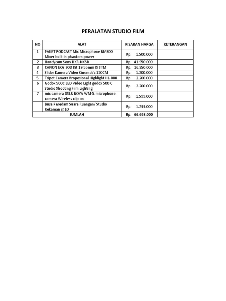 Peralatan Studio Film dan Harganya | PDF | Games & Activities