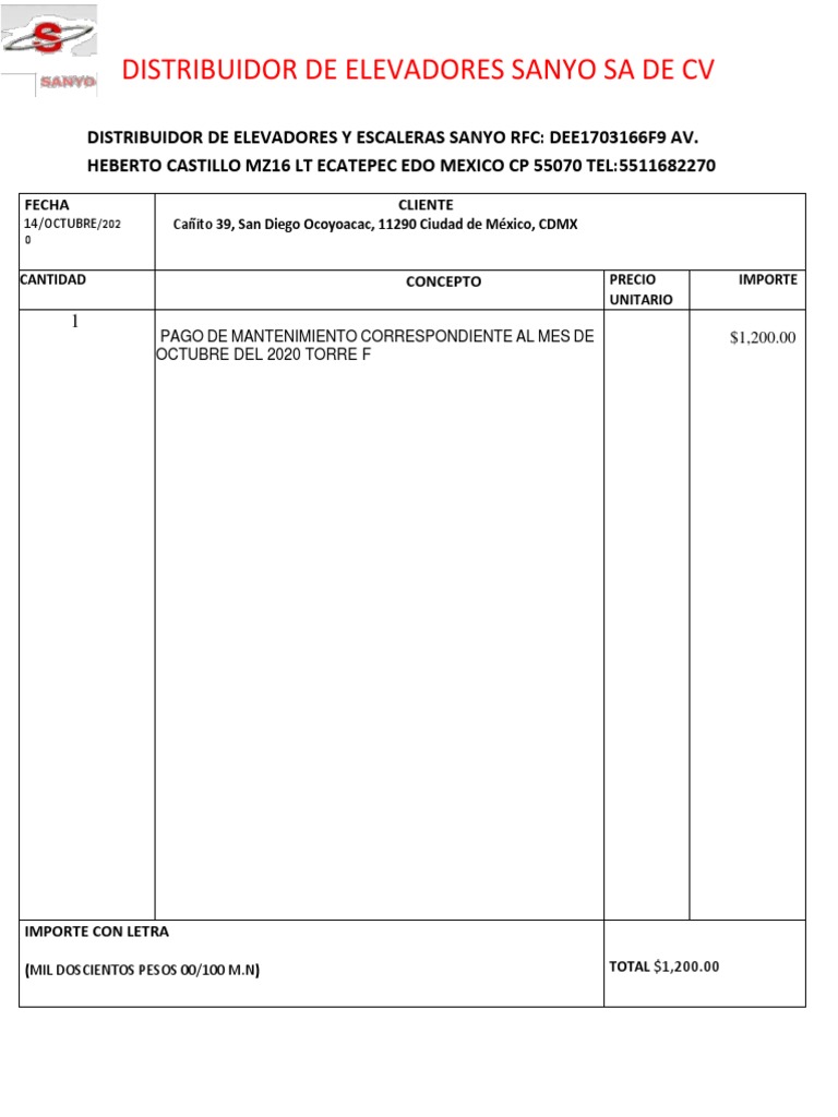 Nota de Pago Sanyo Mantenimiento Cañitos Torre F Octubre 2020 PDF | PDF