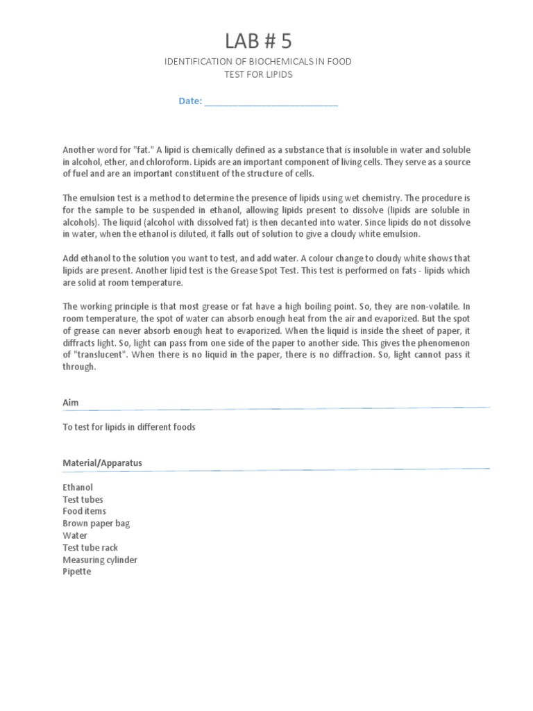 Lab 5 - Test For Lipids | PDF | Ethanol | Solution
