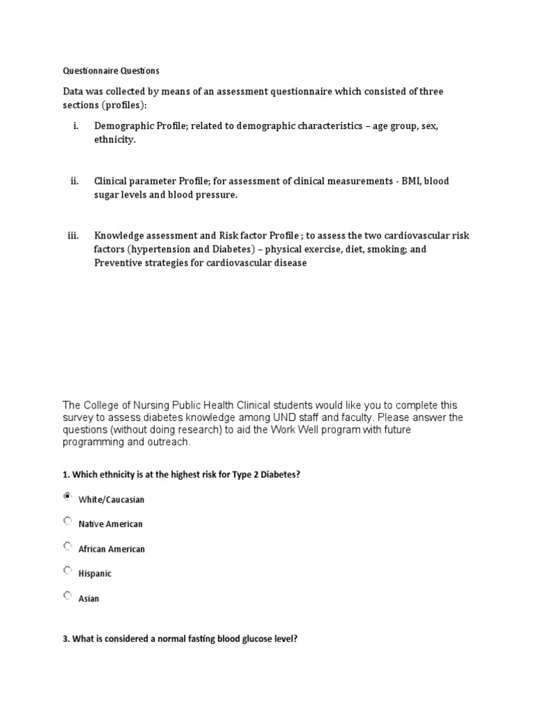Diabetes Questionnaire Assessment | PDF | Coronary Artery Disease | Heart