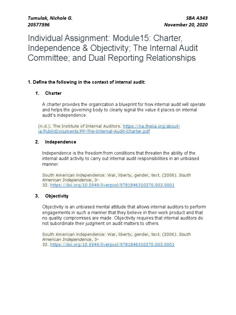 Individual Assignment: Module15: Charter, Independence & Objectivity ...