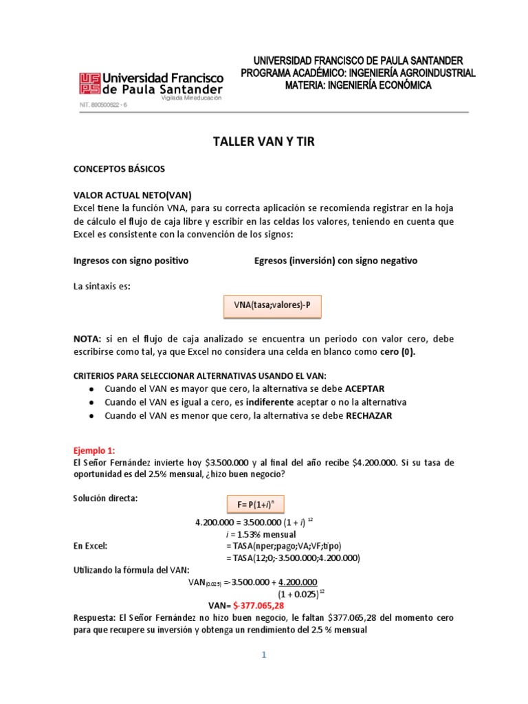 Taller Van y Tir | PDF | Valor presente neto | Dinero