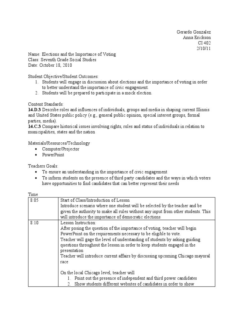CI 402-Civics Lesson Plan | PDF | Elections | Voting