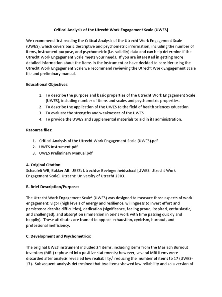 Schaufeli Bakker, 2003 Critical Analysis of The Utrecht Work Engagement ...