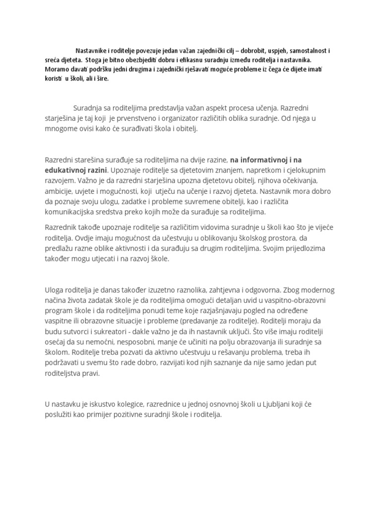 Pozitivna Suradnja Roditelja I Nastavnika | PDF