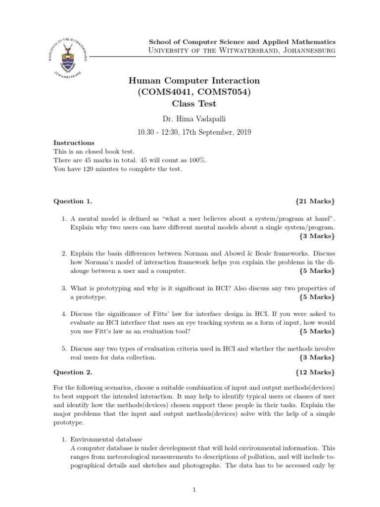 Human Computer Interaction (COMS4041, COMS7054) Class Test: University ...