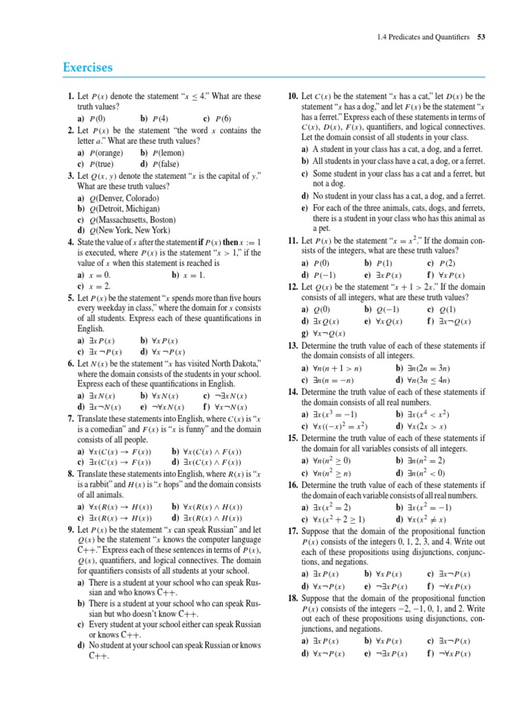 Predicates and Quantifiers Problems | PDF | First Order Logic | Logical ...