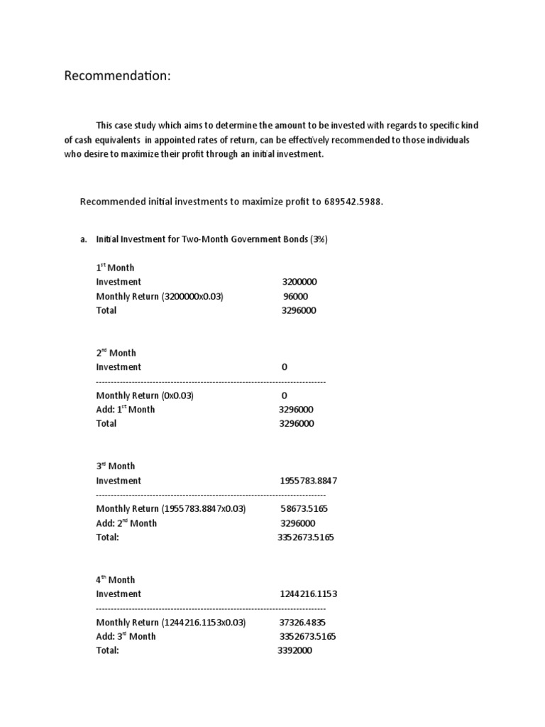 Recommendation:: Recommended Initial Investments To Maximize Profit To ...