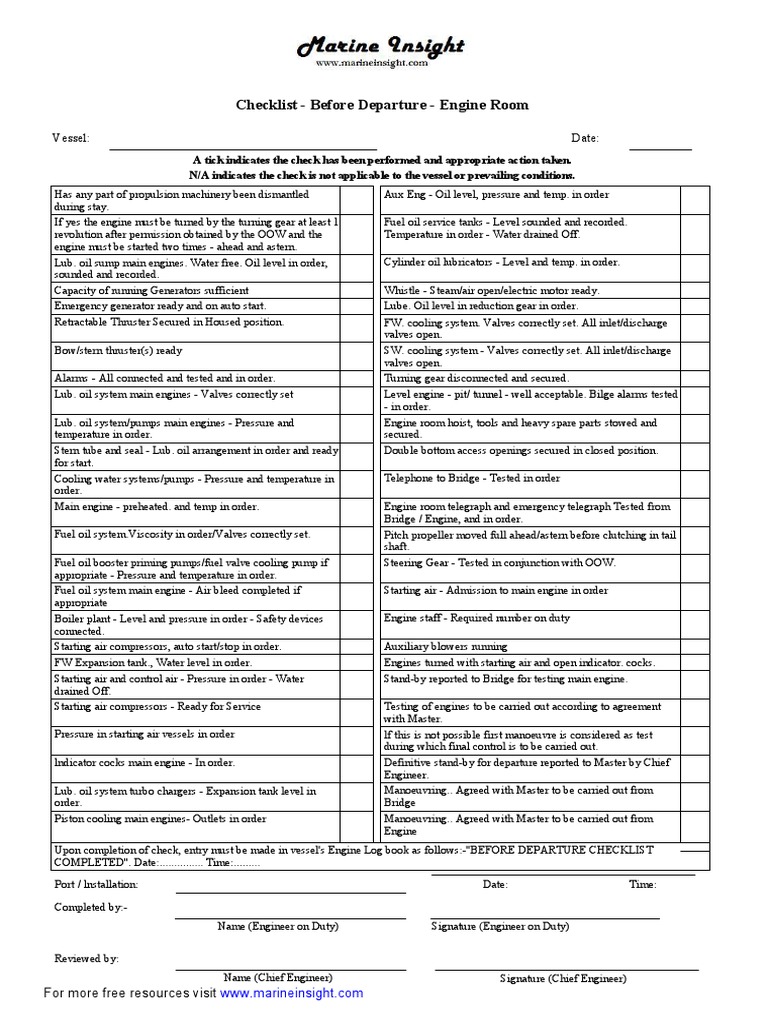 Checklist - Before Departure - Engine Room: Vessel: Date | PDF | Marine ...