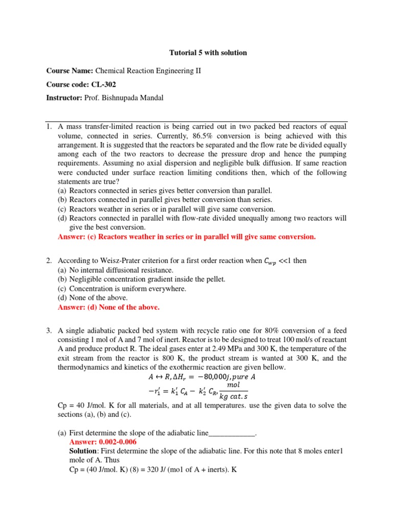 Turorial 5 (6582) PDF | PDF | Chemical Reactor | Chemical Equilibrium