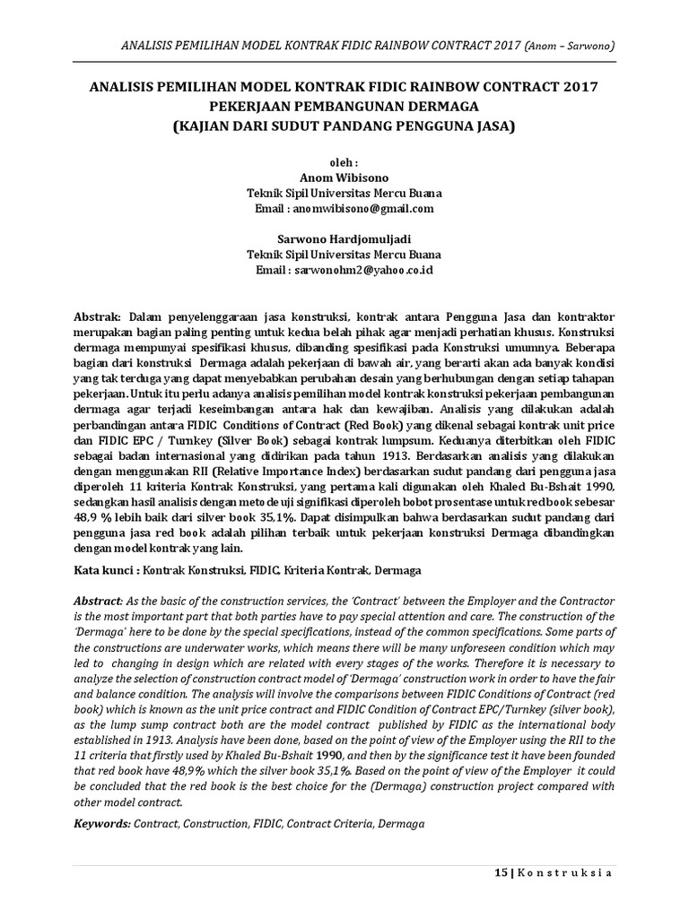 Analisis Pemilihan Model Kontrak Fidic Rainbow Contract 2017 Pekerjaan ...