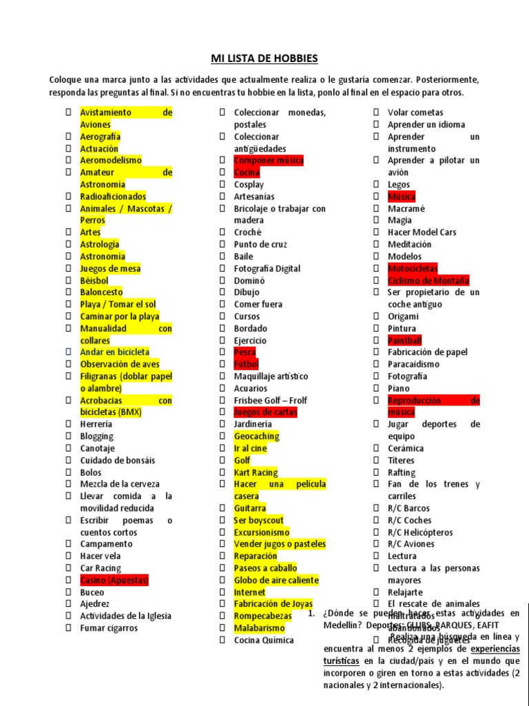 Lista de Hobbies y Pasatiempos | PDF | Aficiones | Ocio