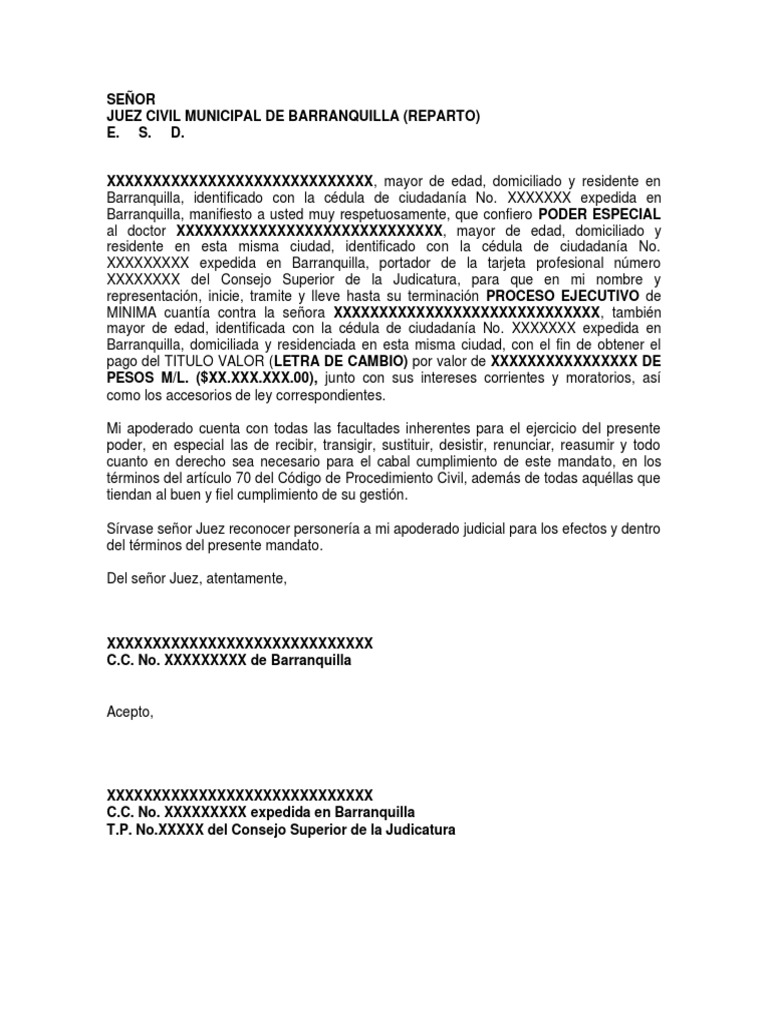 Poder otorgado para iniciar proceso ejecutivo de mínima cuantía para el cobro de una letra de ...