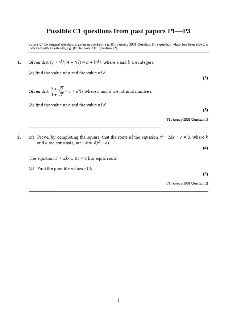 C1 Questions From Past Papers | PDF | Quadratic Equation | Equations