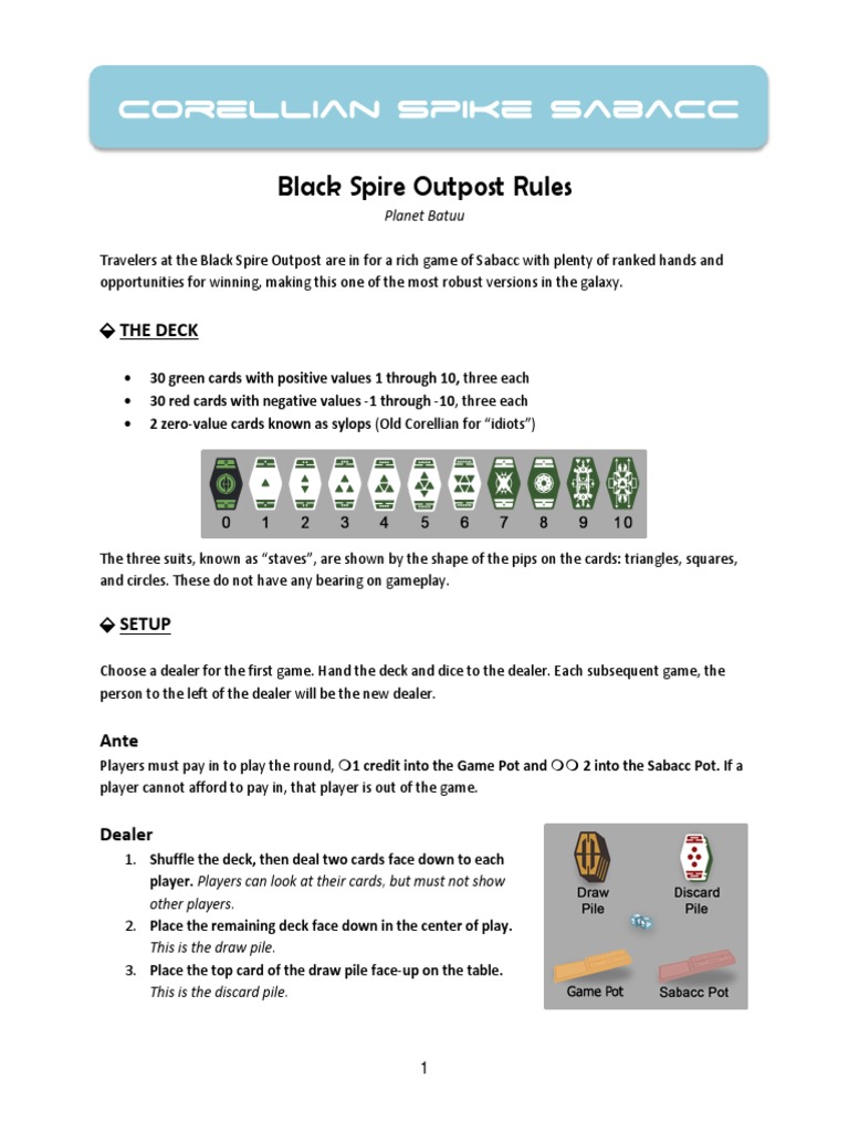 Corellian Spike Sabacc Rules Guide | PDF | Betting In Poker | Gaming