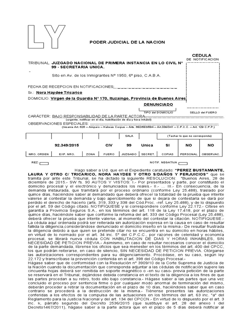 Cedula Ley 22172 | PDF | Demanda judicial | Ley procesal