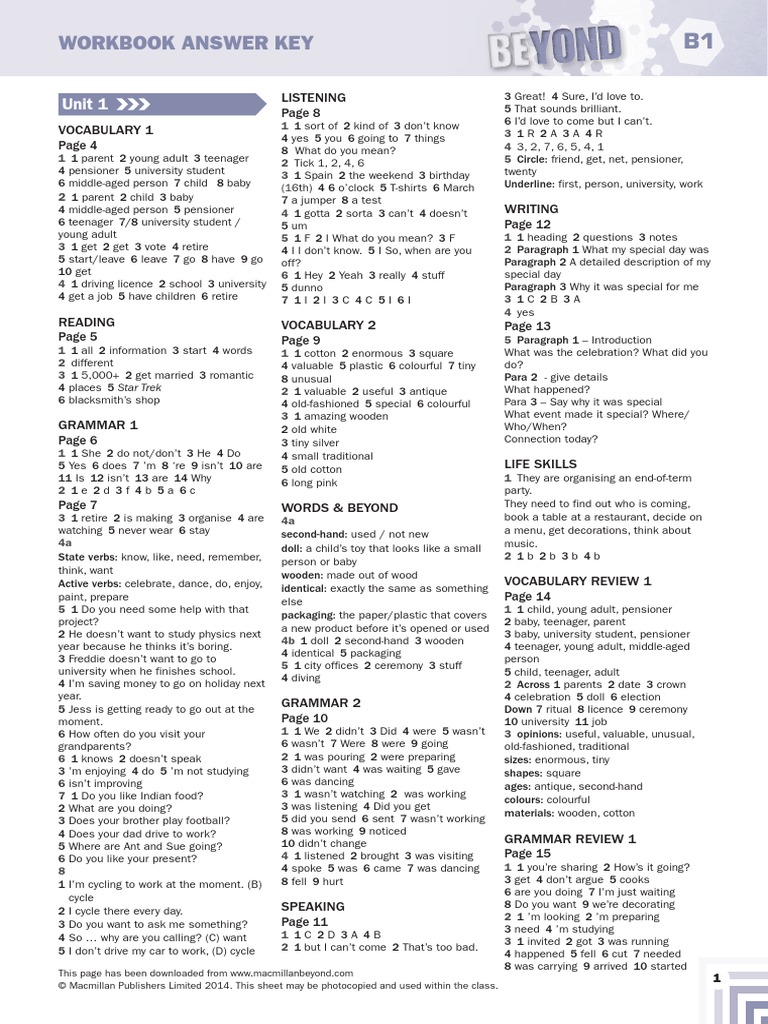 Workbook Answer Key: Unit 1 | PDF | Entertainment (General)