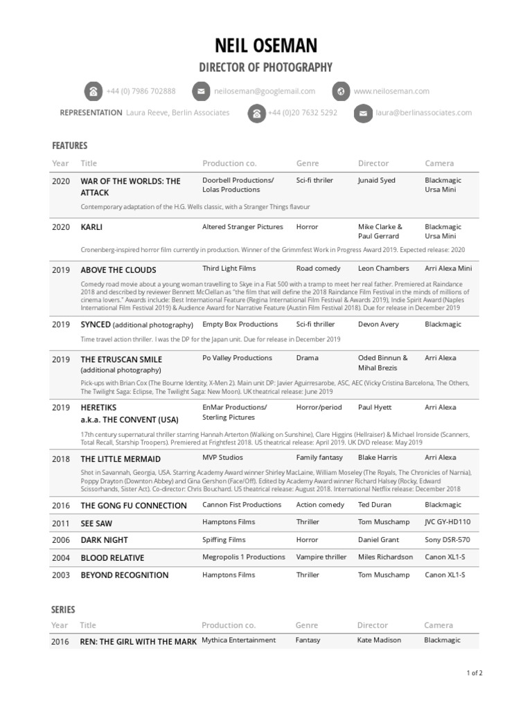 Neil Oseman: Director of Photography | PDF | Cinema