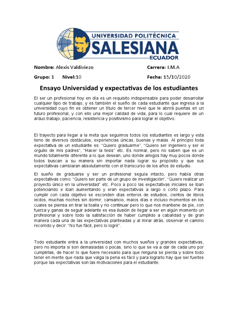 Ensayo Universidad y Expectativas de Los Estudiantes | PDF