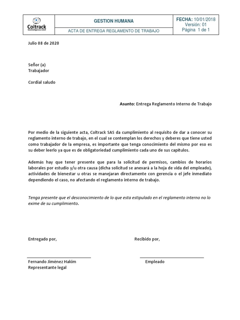 Acta de Entrega Reglamento Interno de Trabajo | PDF