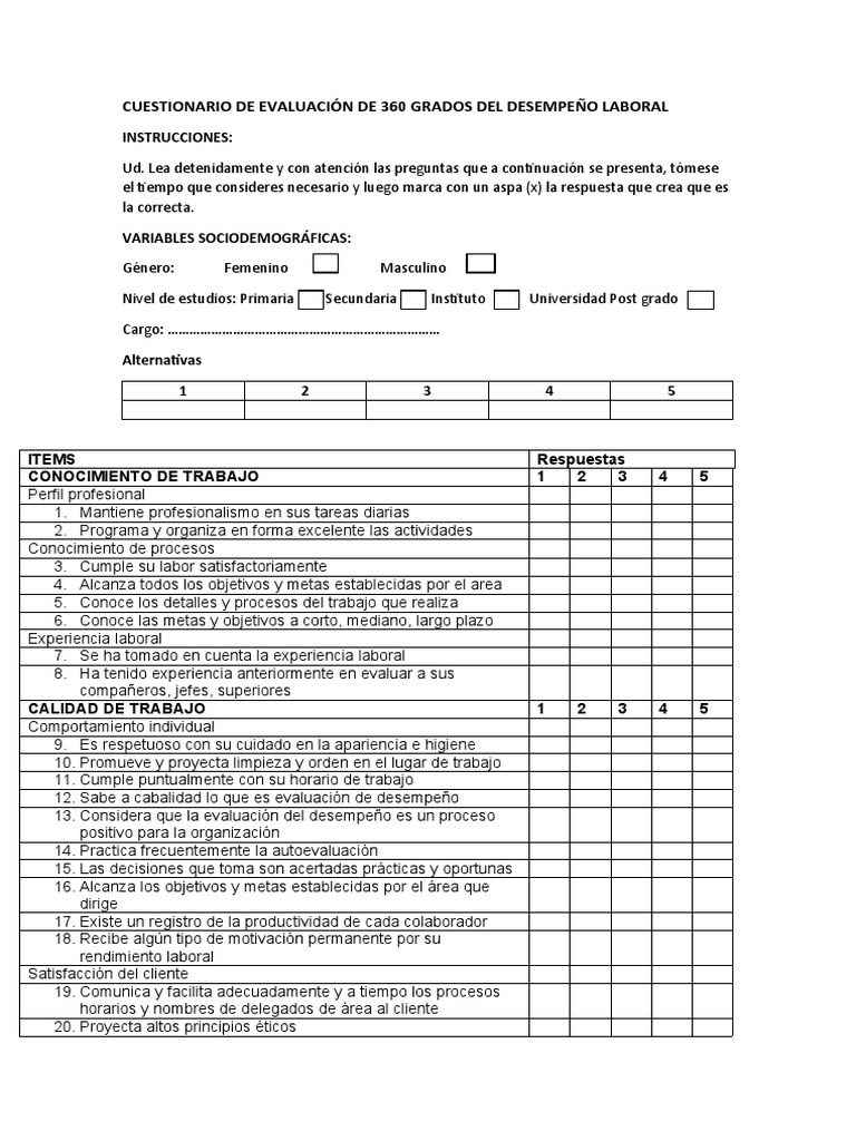 Cuestionario de Evaluación de 360 Grados Del Desempeño Laboral | PDF ...