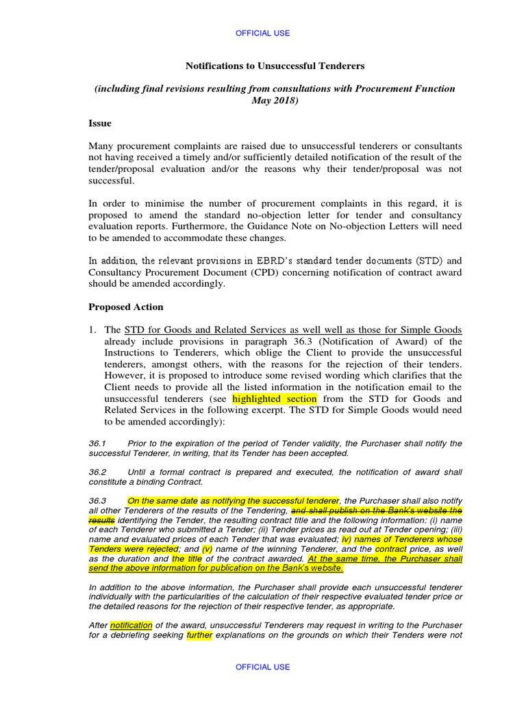 Notifications To Unsuccessful Tenderers - Memo - Final May 2018 | PDF ...