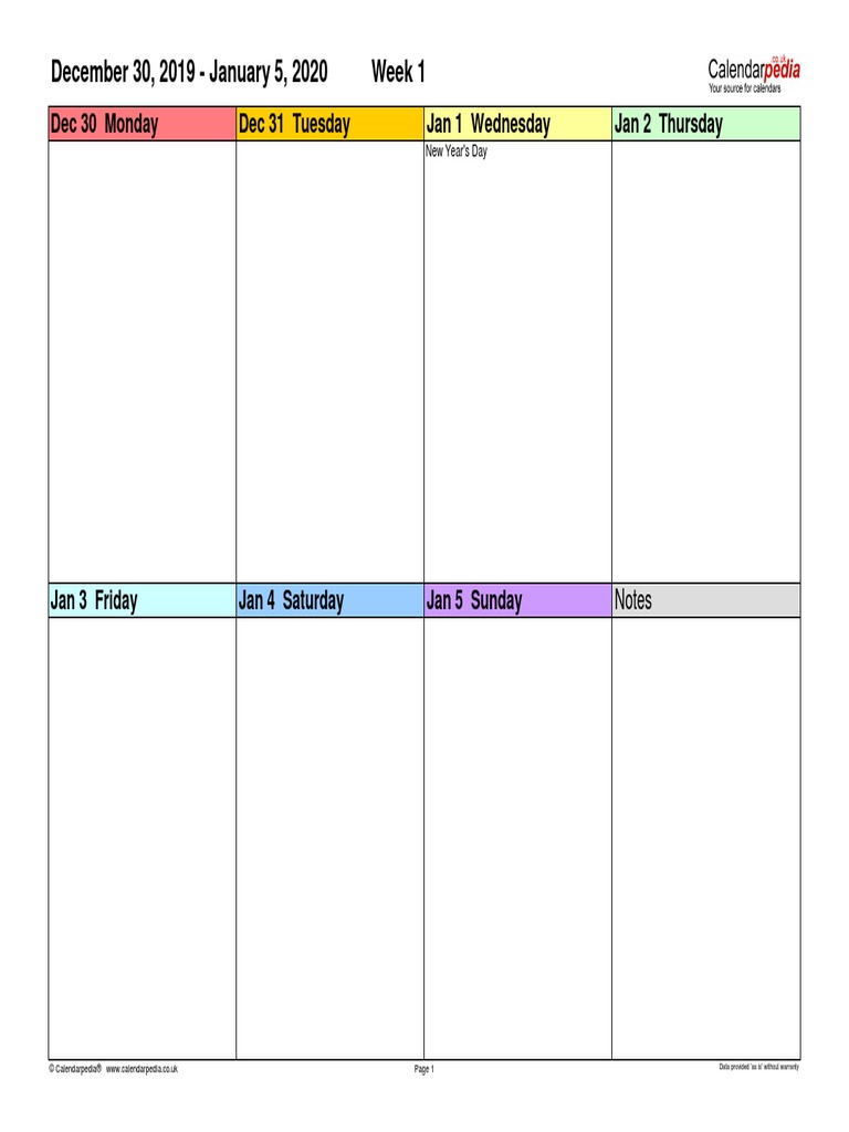 Weekly Calendar 2020 Landscape 4 Columns in Colour PDF | PDF ...