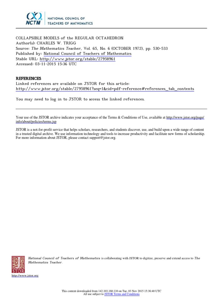 Charles W. Trigg - Collapsible Models of The Regular Octahedron | PDF ...