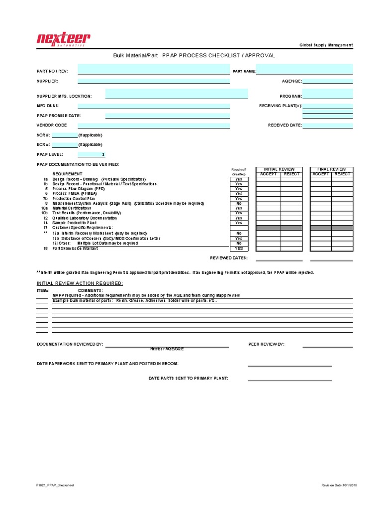 Bulk Material/Part Ppap Process Checklist / Approval: Required? | PDF ...