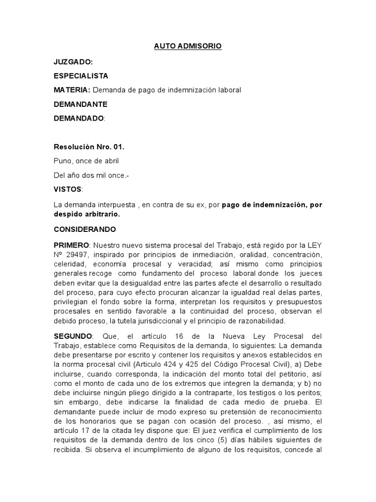 Auto Admisorio Laboral | PDF | Demanda judicial | Ley procesal