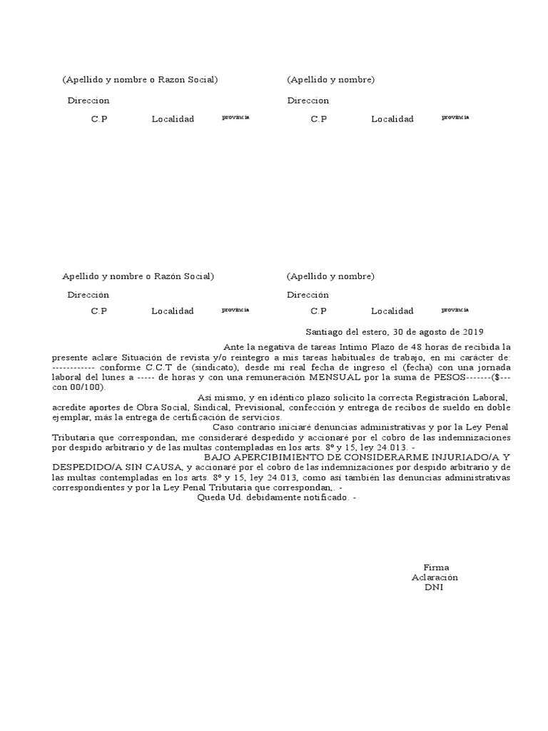 Modelo Telegrama Por Negativa de Tareas y Reclamo de Registración ...