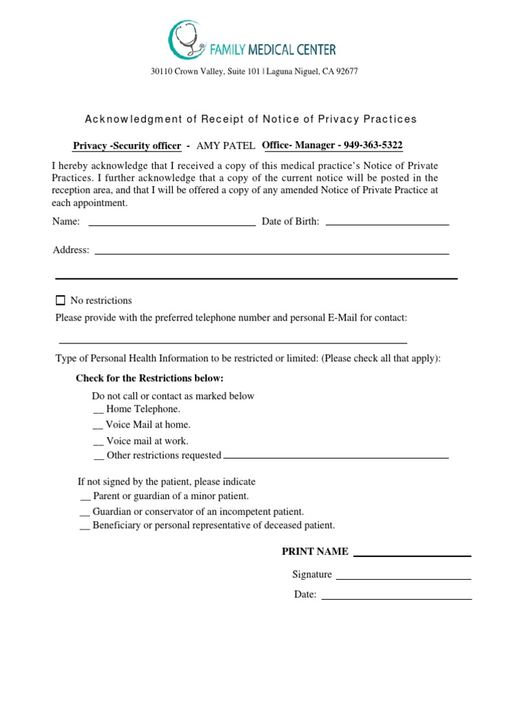Acknowledgment of Privacy Practices Form | PDF