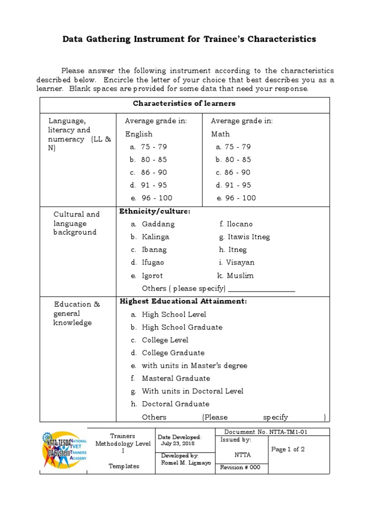 Data Gathering Instrument For Trainee | PDF | Behavior Modification ...
