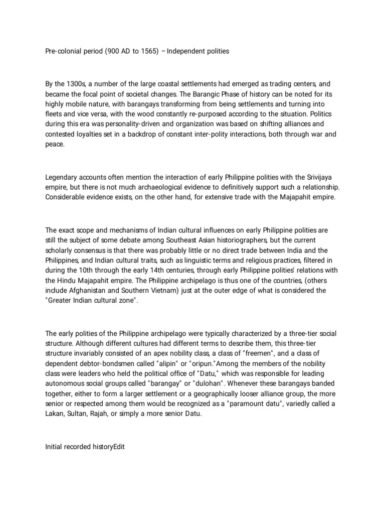 Pre-Colonial Period (900 AD To 1565) - Independent Polities | PDF