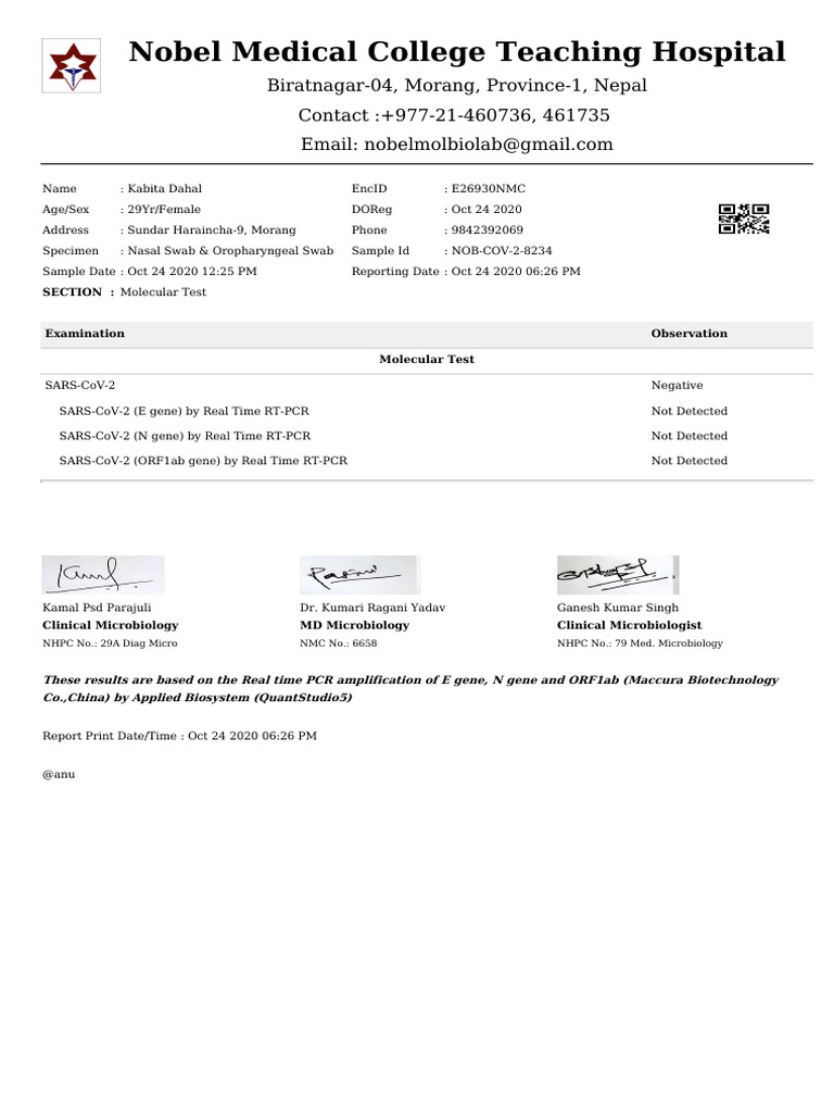 SARS-CoV-2 Test Results Report | PDF
