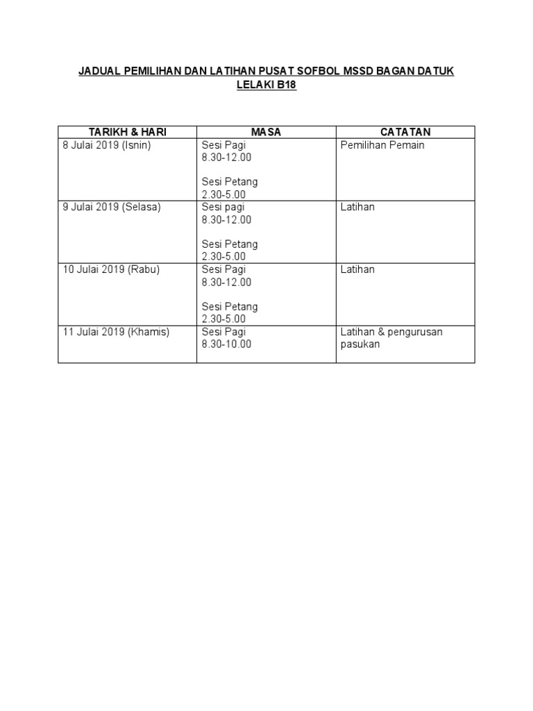 Jadual Latihan Sofbol Lelaki | PDF
