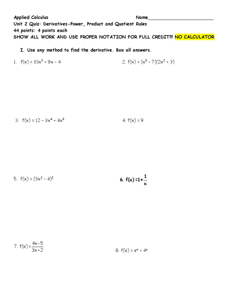 Derivatives Quiz: Power, Product, Quotient | PDF