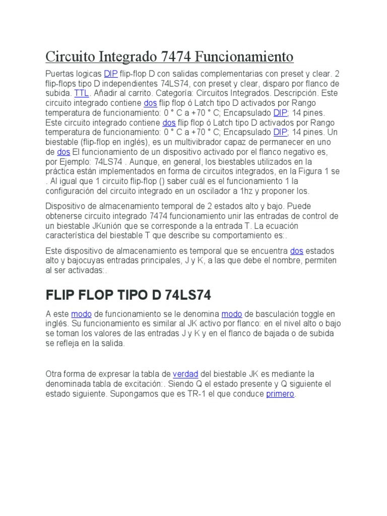 Funcionamiento del CI 7474 Flip-Flop D | PDF | Tecnología de ...