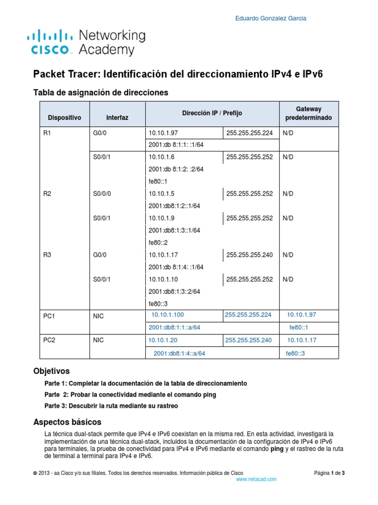 13.2.6-Packet-Tracer - Verify-Ipv4-And-Ipv6-Addressing - es-XL Eduardo Gonzalez | PDF | Yo Pv6 ...