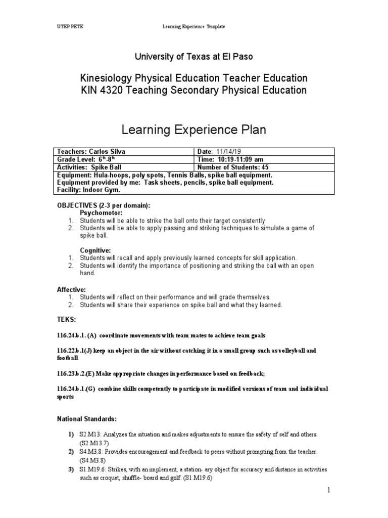 Spike Ball Lesson Plan 2 Self Reflection | PDF | Lesson Plan | Physical ...