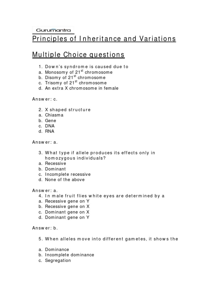 12 Principles of Inheritance and Variation MCQ PDF | PDF | Dominance ...
