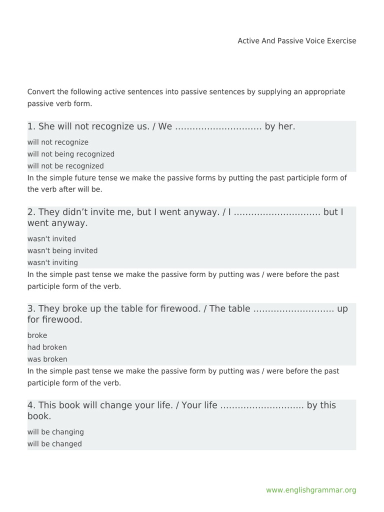 Active and Passive Voice Exercise | PDF | Verb | Grammatical Tense