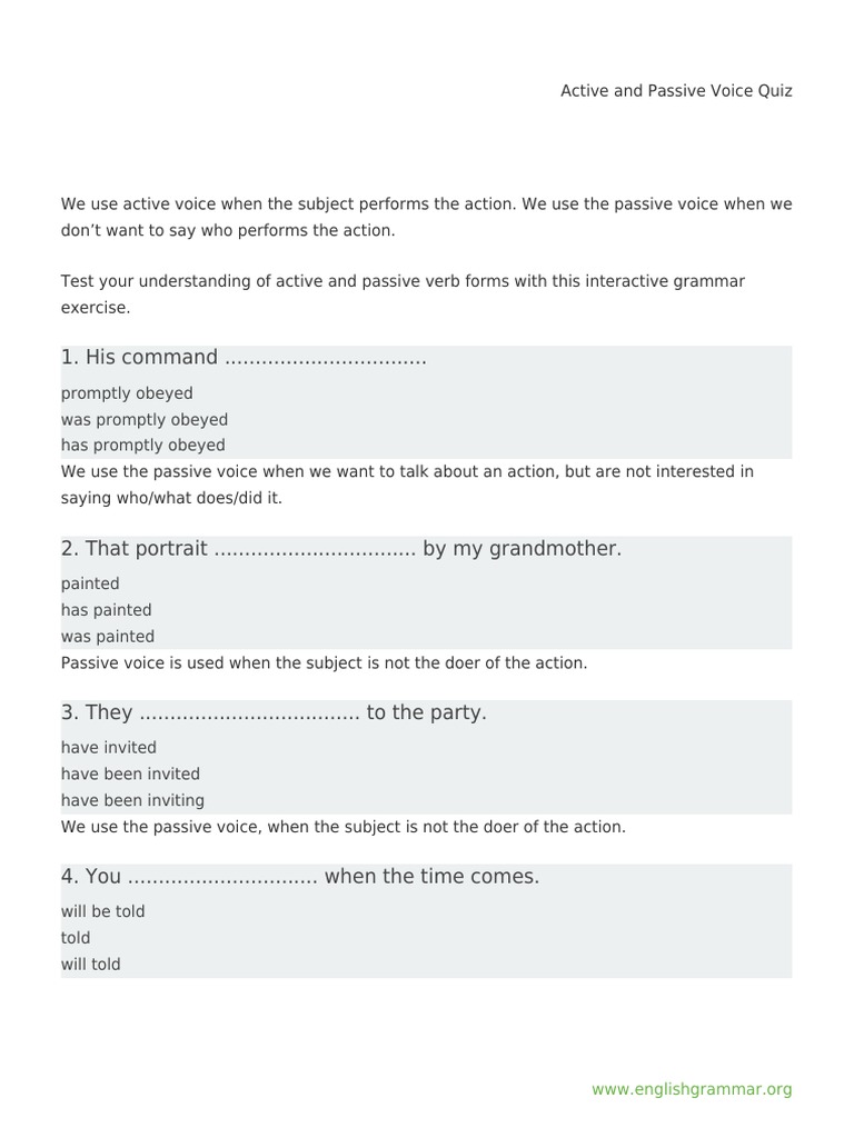 Active and Passive Voice Quiz | PDF | Syntactic Relationships | Morphology