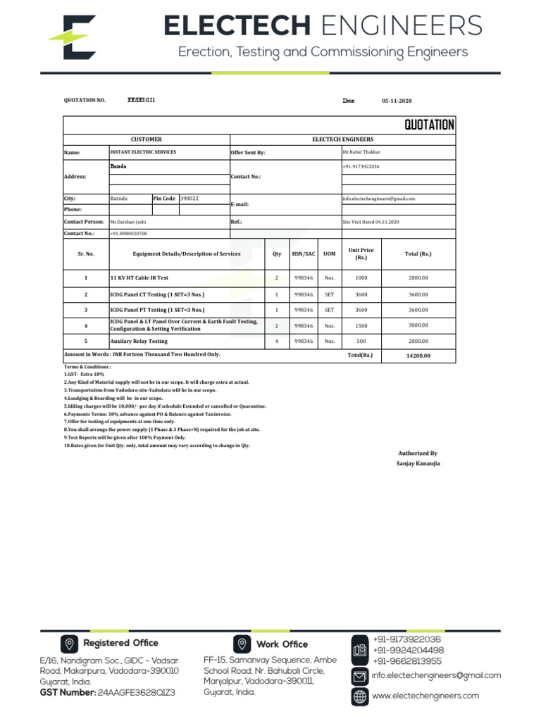 Erection, Testing and Commissioning Engineers: Quotation | PDF ...