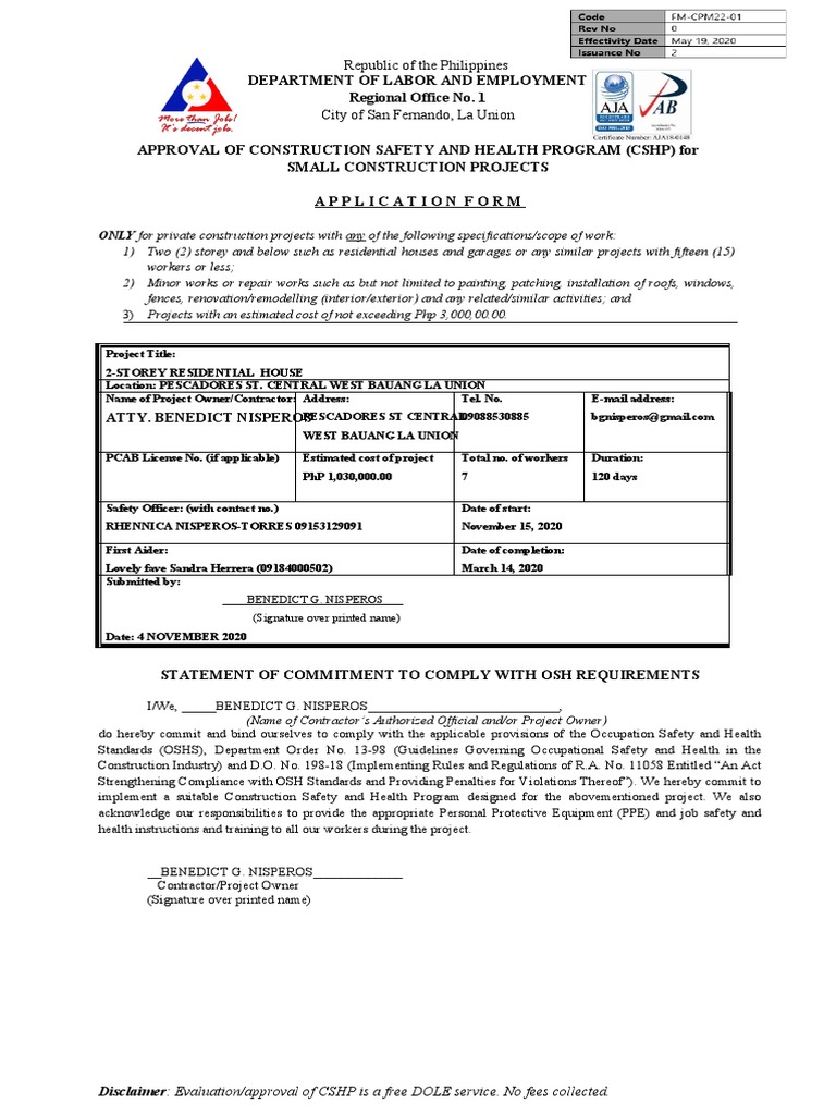 CSHP Application for Small Projects | PDF | Occupational Safety And ...