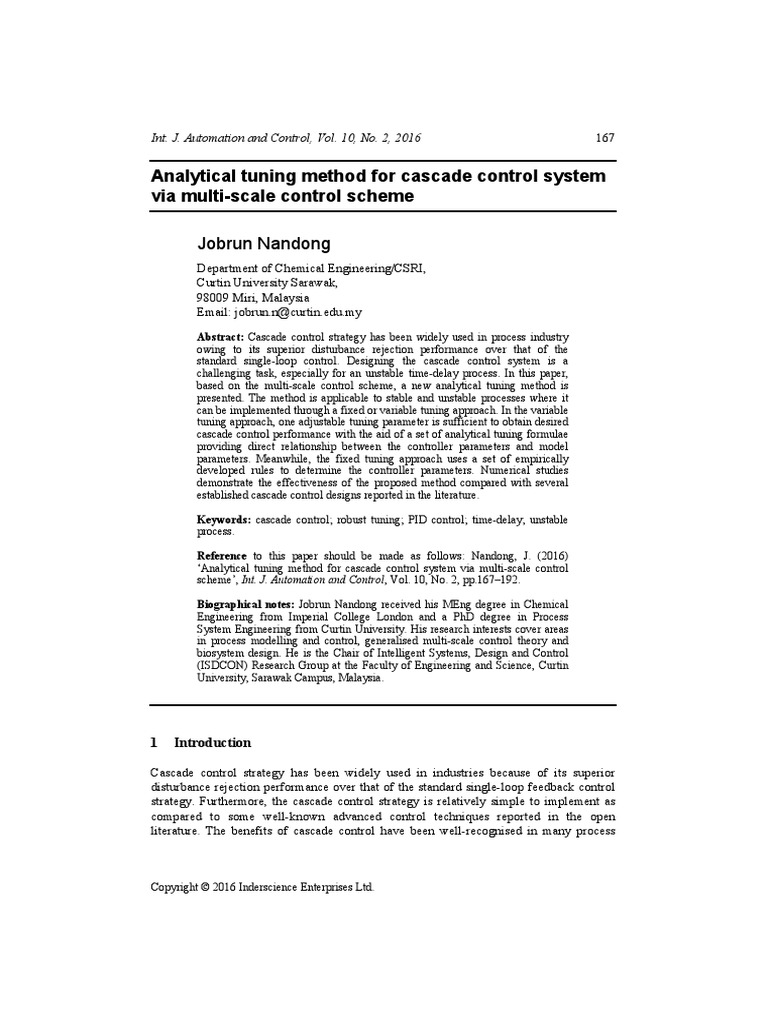 Analytical Tuning Method For Cascade Control System Via Multi-Scale ...